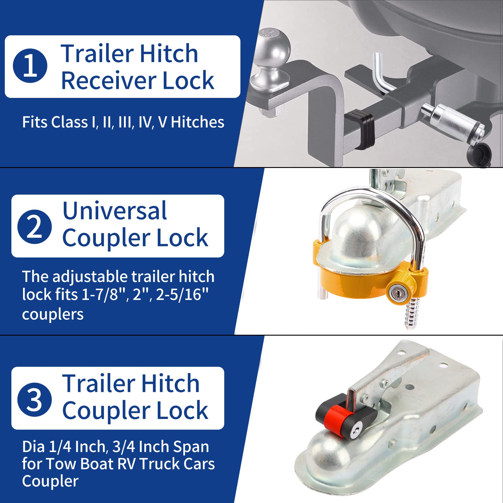 Keyed Alike Trailer Receiver Lock& Coupler Lock Kit, 1/2" and 5/8" Dia Dual Bent Pin Hitch Lock, 1/4β Dia 3/4β Inch Span Coupler Lock,Universal Tow Ball Lock Fits 1-7/8",2' 2-5/16" Coupler Yellow