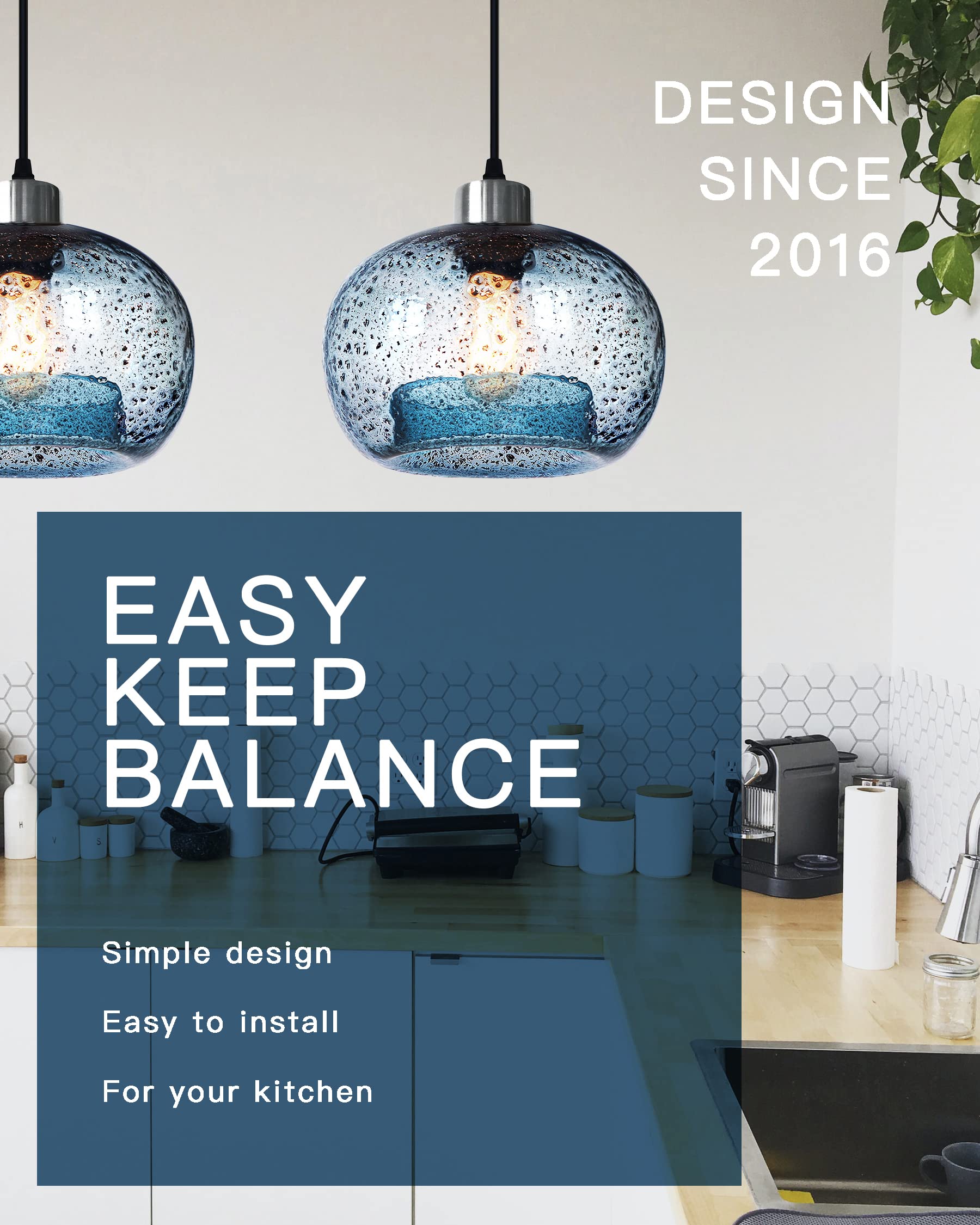 CASAMOTION Pendant Lighting Kitchen Island Table Hand Blown Glass Light Fixtures Marble Blue Color Modern Farmhouse Style Ceiling Hanging Dining Room Brushed Nickel 9 Inch Diam 2 Pack