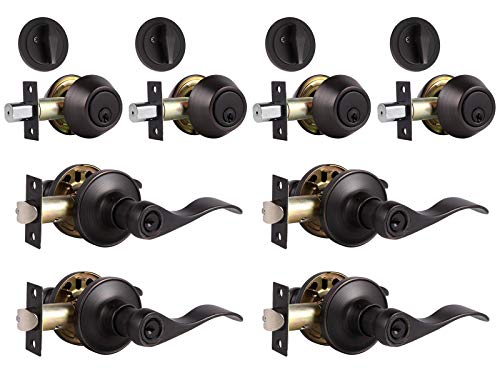 Keyed Entry Door Lock Set, Keyed Alike Single Cylinder Deadbolt with Wave Style Lever, Oil Rubbed Bronze Reversible Leverset for Bedroom, Front Door, Office 4 Pack