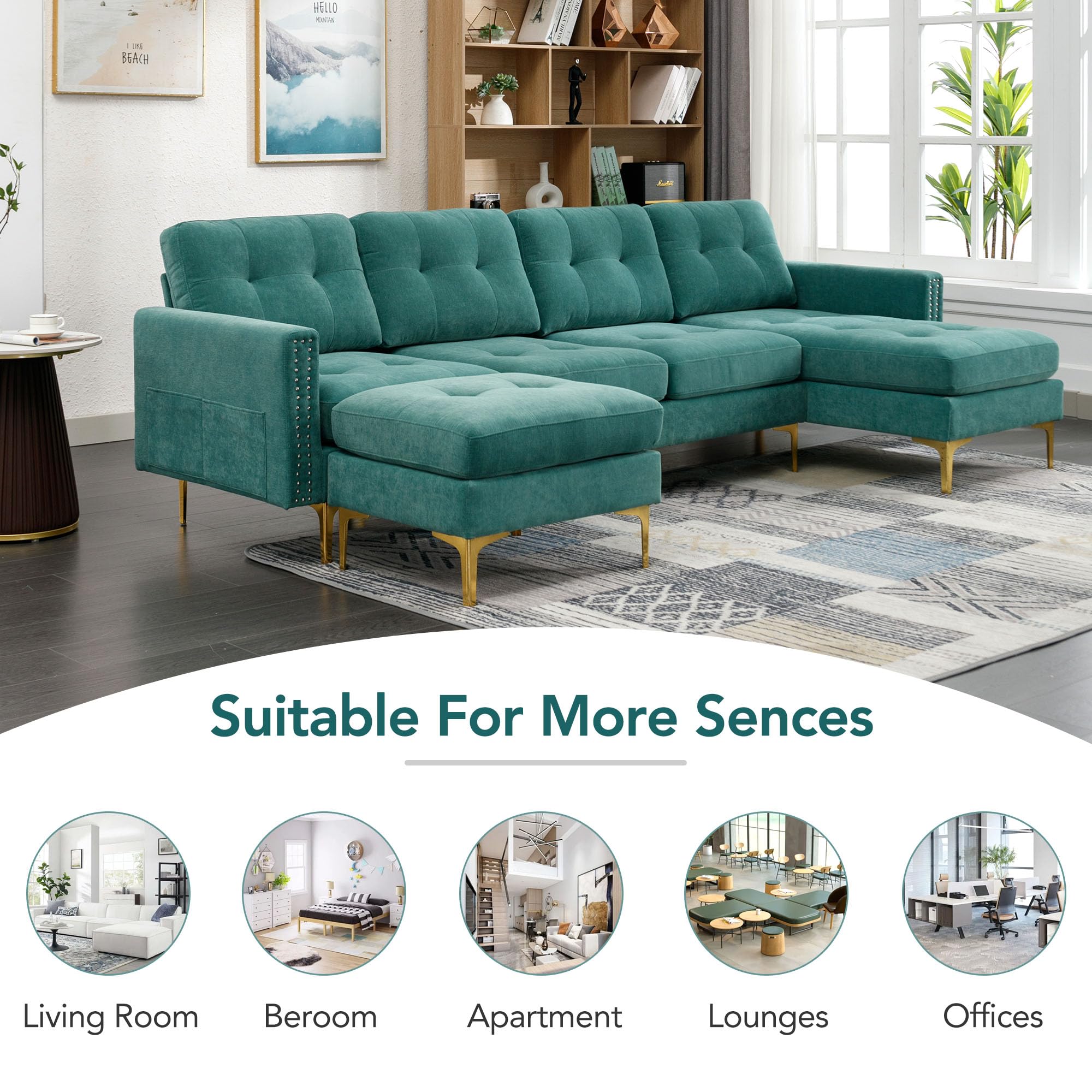 Favfurish 110" L Shape Convertible Sectional Sofa with Movable Ottoman,Velvet U-Shape Modular Couch,for Living Room,Apartment, Office,Green