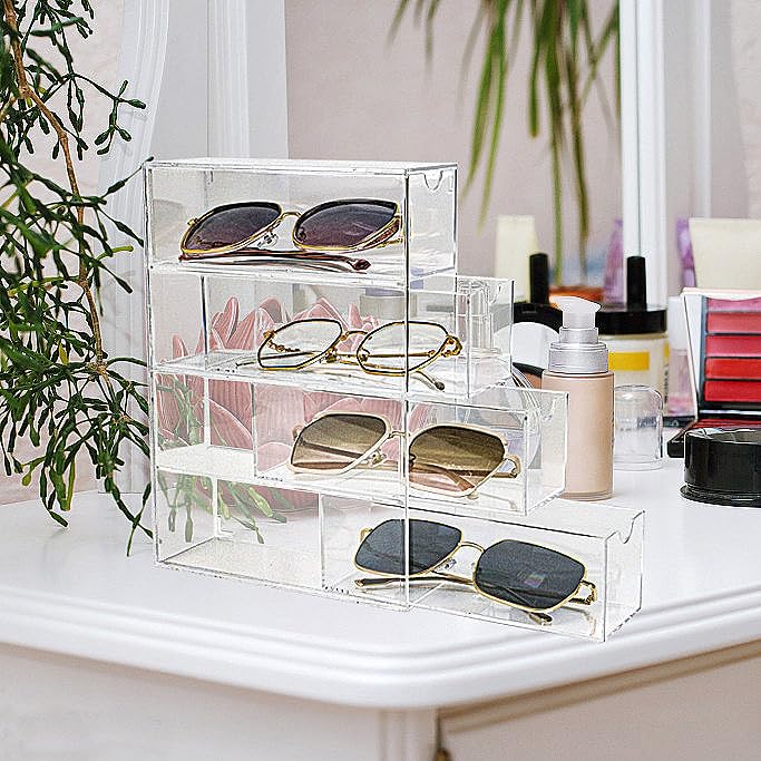 Fordonral Clear Plastic Sunglass Organizer, Transparent Glasses Holder 4 Storage Drawers, Sunglass Case Glasses Display Stand, Acrylic Organizers for Organizing Eyeglass, Hair Ties, Accessories