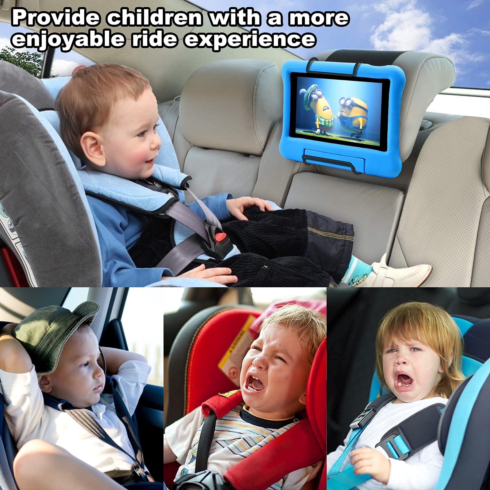 Car Headrest Mount Holder, Tablet Holder for Kids in Back Seats, with Adjustable Strap & Anti-Slip Silicone Holding Clamp, Fits All 10-12.9" Tablets