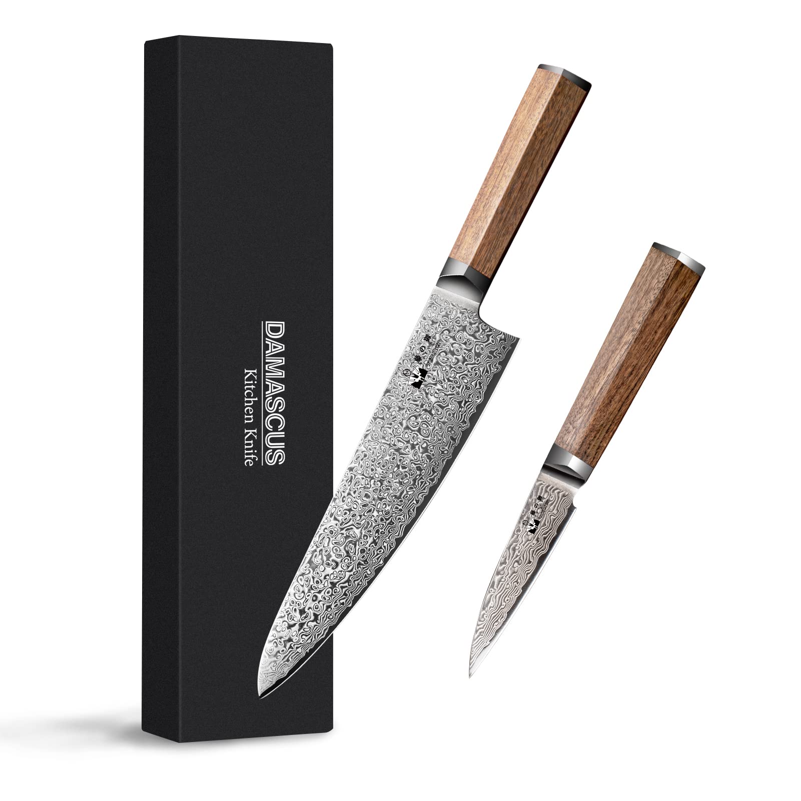 Damascus Steel Chef Knife 8 inch, Paring Knife 3.5 inch 67-Layer Damascus with VG10 Cutting Core Kitchen Knives with Full Tang Ergonomic Natural Wood Handle