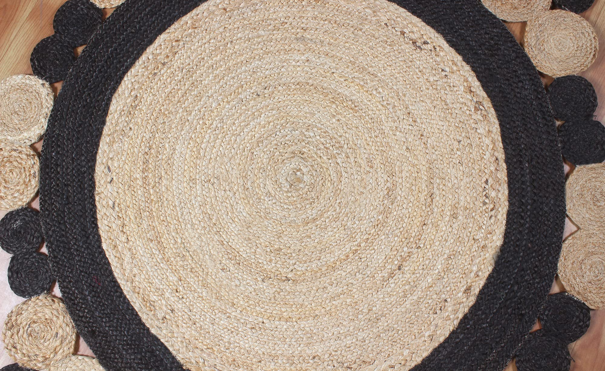 CASAVANI Collection Circle Area Rug - 10 Ft' Round Black Natural Jute Mat Geometric Kilim Rug Indoor Outdoor Use Mat Flatweave Rugs for Bedroom Bedside Round Dining Table Mat Hall & Kitchen
