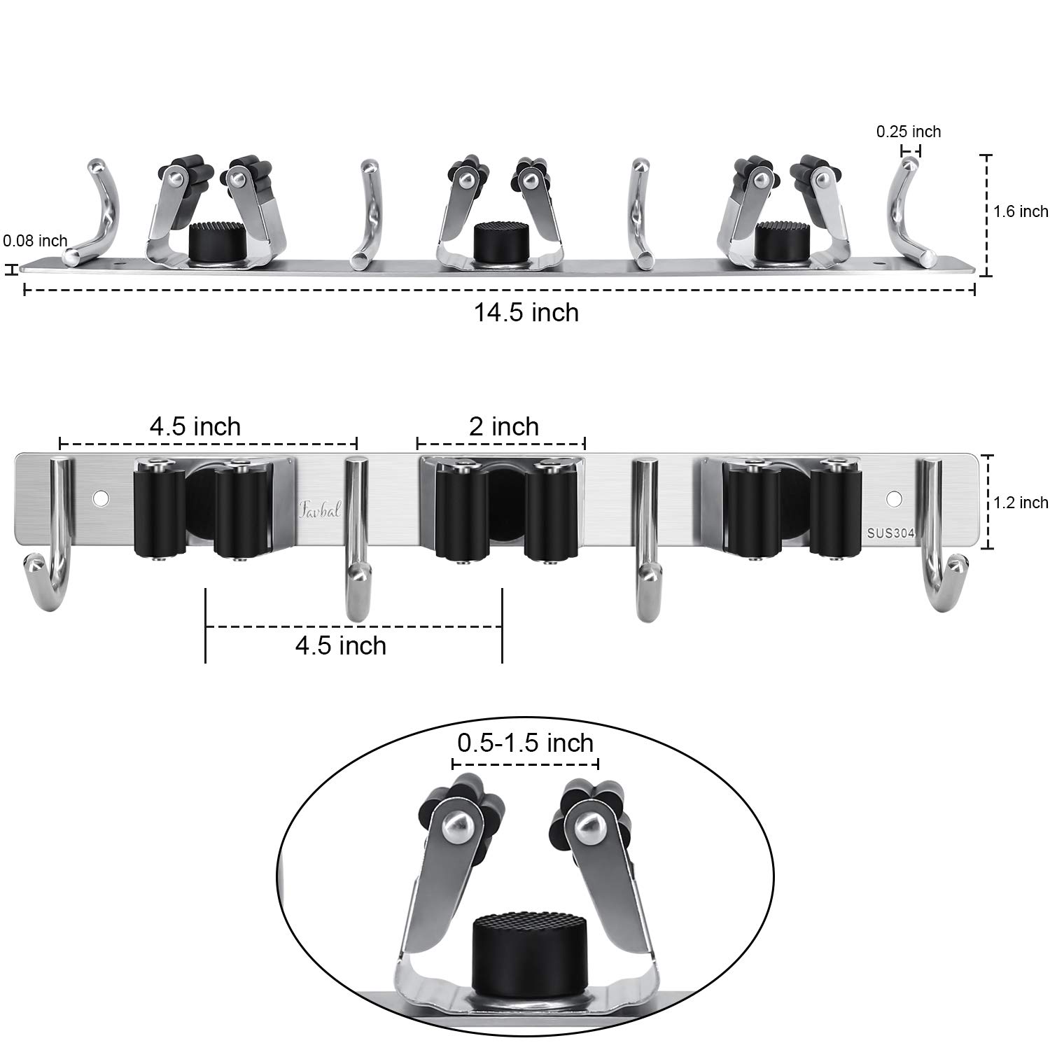 Favbal Broom Hanger Wall Mounted, 2PCS Mop and Broom Holder Wall Mount Garage Organization and Storage Stainless Steel Kitchen Tool Organizer Wall Hanger for Laundry Room Garden Garage Closet Kitchen