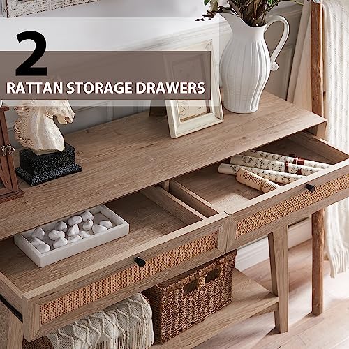 OKD Rattan Entryway Table, 46" Mid Century Modern & Boho Console Table with Drawers, Storage Shelf, Tall Long Farmhouse Wood Sofa Table Behind Couch for Entry Way, Hallway, Living Room, Foyer, Oak