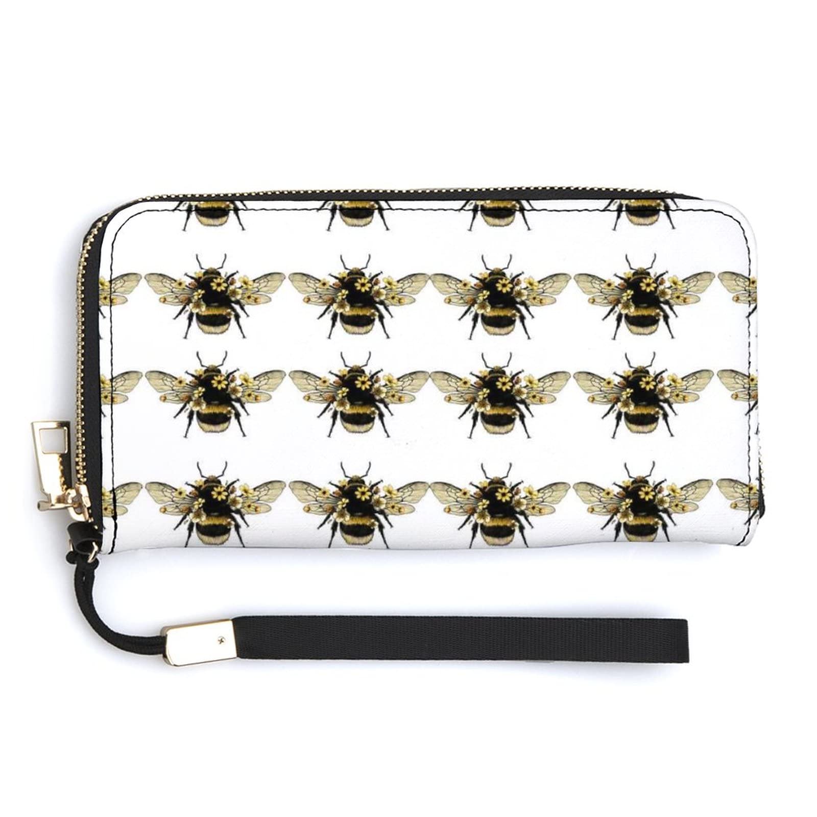 Donnapink Seamless Big Honey Bees with Flowers Soft PU Leather Clutch Long Bifold Wallet, Coin Purse Credit Pass Case, Unisex Durable Card-Holder Slim Billfold Money Storage