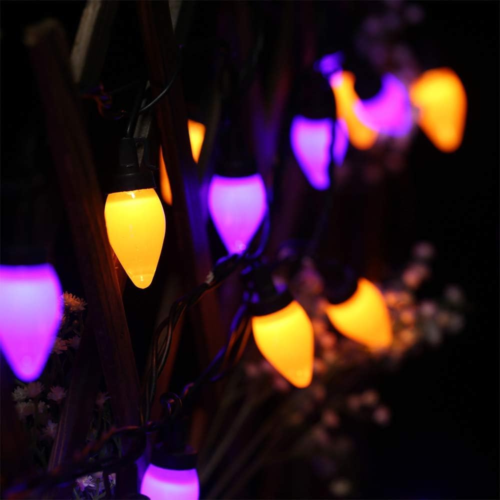 RECESKY C7 Halloween String Lights - 50 LED 24Ft Smooth Bulb Orange Purple Lights with Timing Function - Extendable 8 Modes Halloween Lighting for Indoor Lawn House Halloween Party Decorations