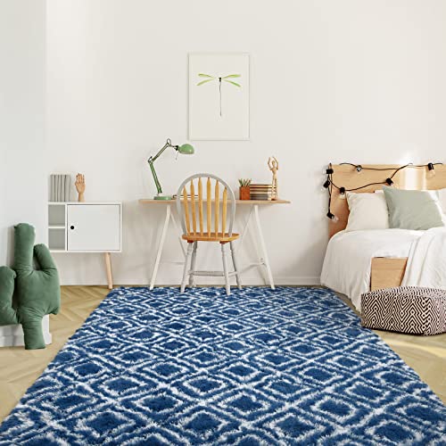 Guucha Soft Plush Fluffy Carpets, 5'x8' Fluffy Rugs, Geometric Moroccan Shaggy Rugs for Living Room Bedroom Nursery Room Kids' Room, White/Blue