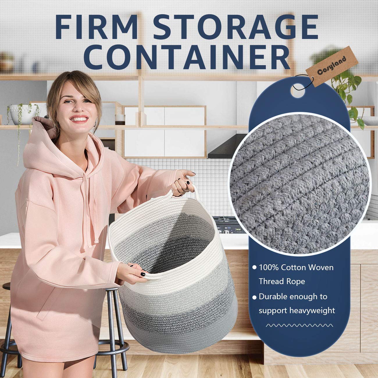 COSYLAND Large 15.7βx15.7βx10β Storage Laundry Basket Woven Cotton Rope Organizer for Blanket Toys Towels Baby Nursery Hamper Bin with Handle