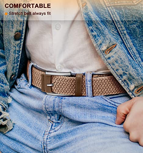 BULLIANT Belt for Men 2Pack,Mens Gift Stretch Braided Web Belt Elastic for Casual Golf Jeans,1 3/8"(Black/Beige,36"-40" Waist Adjustable)