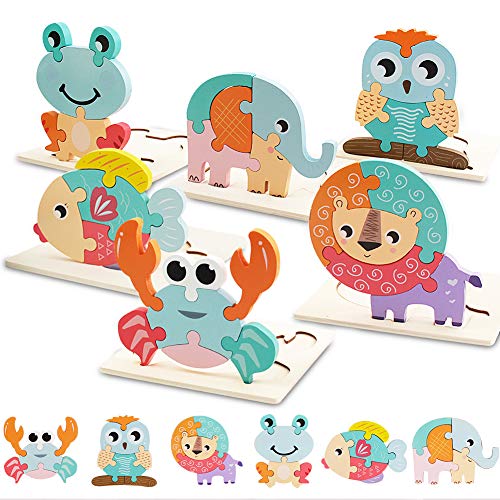 Wooden Puzzles for Toddlers, 6 Pack Animal Puzzles Toys Wooden Puzzles for Toddlers Kids 1-3, Montessori Educational Fine Motor Skill Early Learning Educational Gift for Boys Girls Ages 1 2 3 4 5 6
