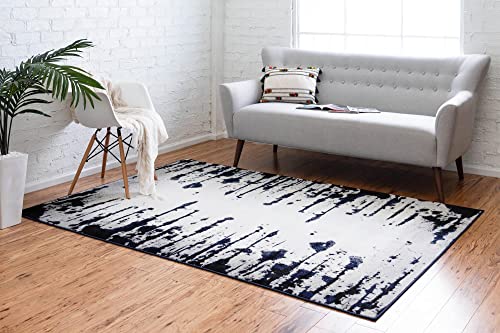 Unique Loom Metro Collection Modern Abstract Vintage Ink Blot Striped Area Rug, 5' 0" x 8' 0", Ivory/Navy Blue