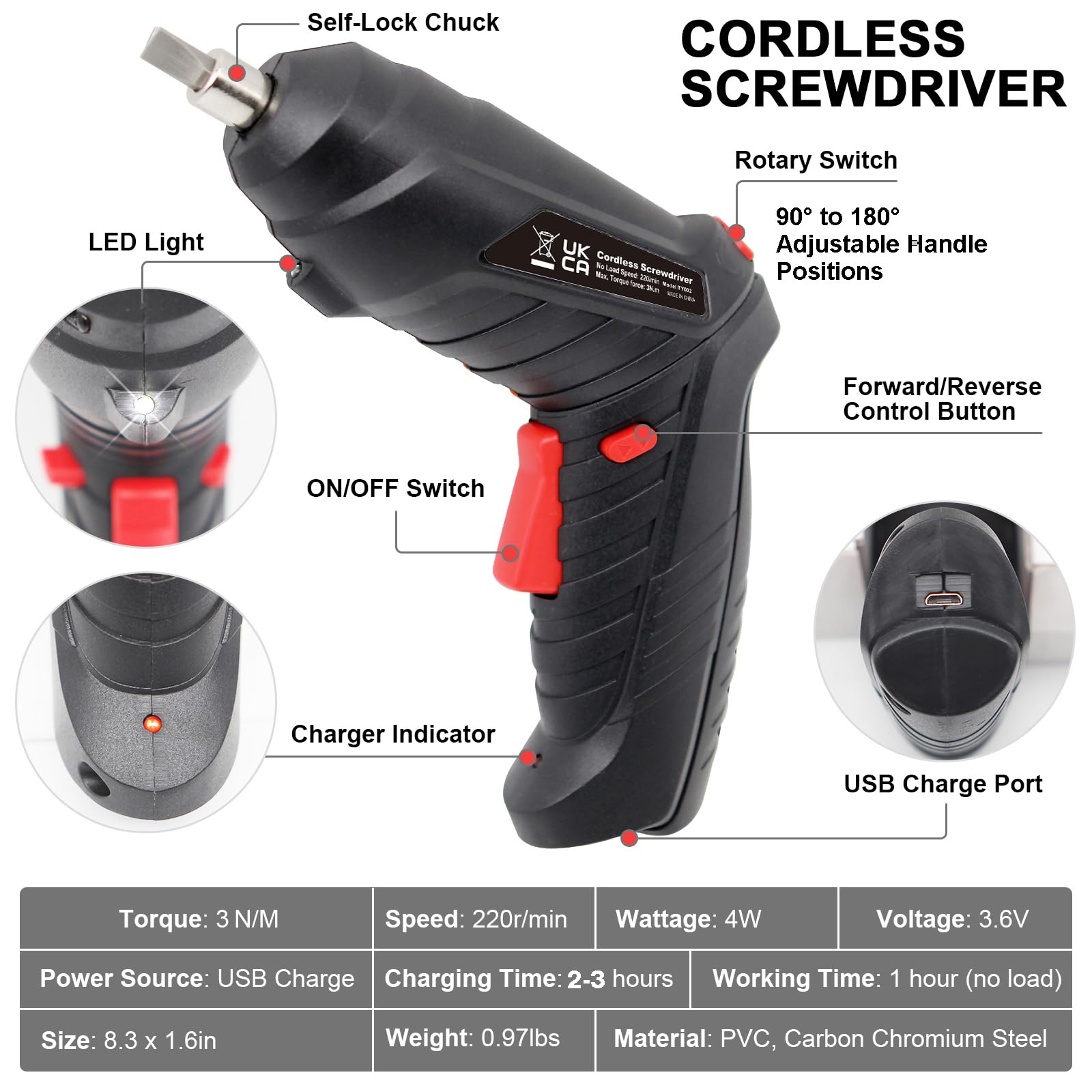 Cordless Electric Screwdriver, 3.6V Rechargeable Power Screwdriver with 47 pcs Accessories, usb charging, 3Nm Screw Gun, mini Carrying screwdriver set with LED Light for Father's Day Gift