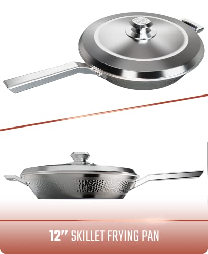 DALSTRONG Frying Pan Skillet - 12 inch - The Avalon Series - 5-Ply Copper Core - Hammered Finish Cooking Pan - 3 Quart - Premium Silver Kitchen Cookware - Omelet, Beef, Egg Pan - w/Lid & Pot Protector