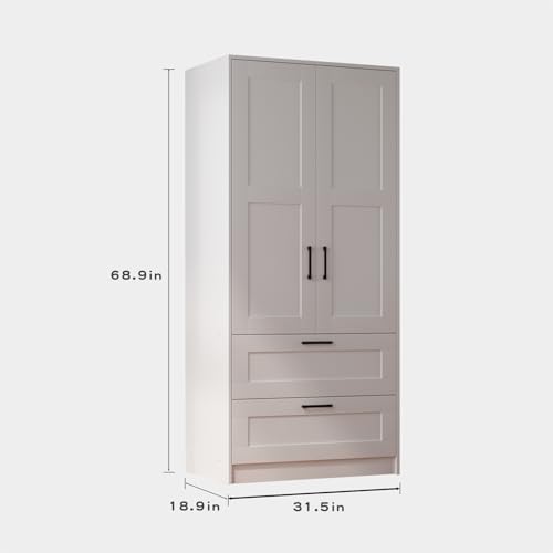 Fddevelop Wood White Wardrobe Closet with 2 Doors and Drawers,Bedroom Freestanding Armoire Storage Cabinet with Shelves,Wooden Wardrobe Combination for Hanging Clothes (White 2 Drawers)