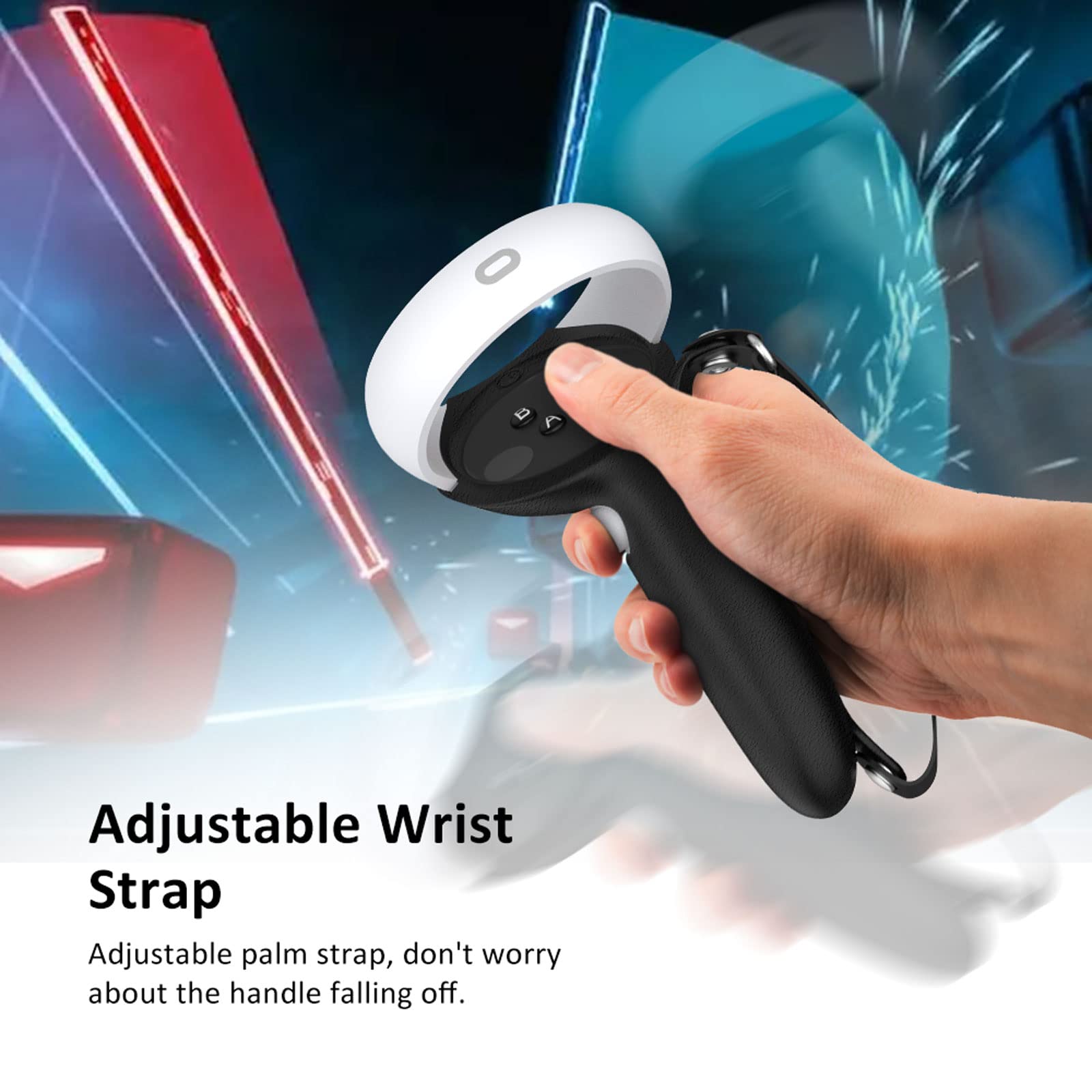 Controller Grips Cover for Oculus Quest 2, Extended Controller Hand Strap with Adjustable Knuckle Handles for Boxing and Star Wars, Controller Protector for Meta/Oculus Quest 2 Accessories (Black)