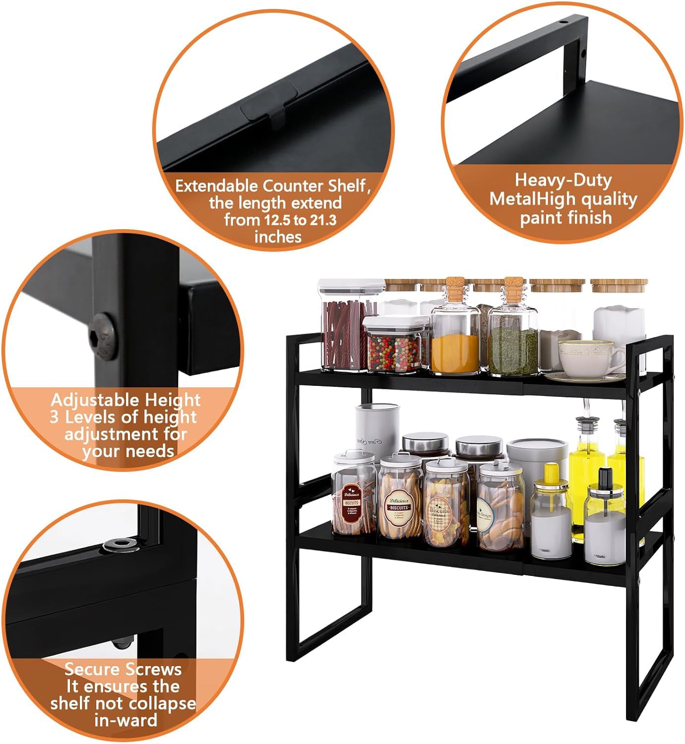 DOLALIKE Expandable kitchen Countertop Organizer, Stackable Cabinet Shelf Organizers, Space Saving Spice Rack Pantry Storage for Bathroom Office Organization (Black, 2 Pack)