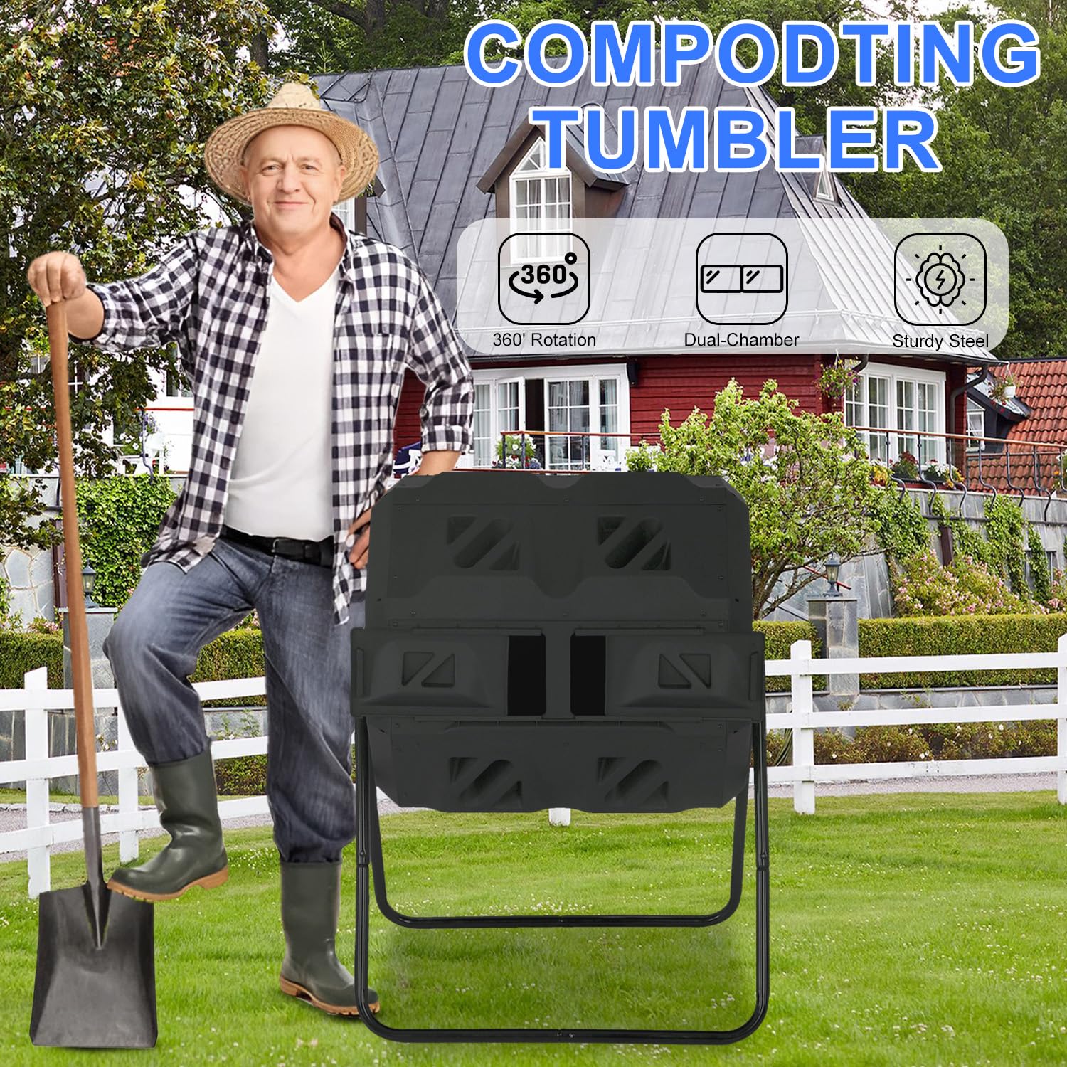 FDW Outdoor Compost Bin, 43 Gallon Dual Chamber Tumbling Composting Bin with Sliding Doors for Garden Patio Kitchen Yard,Black Door