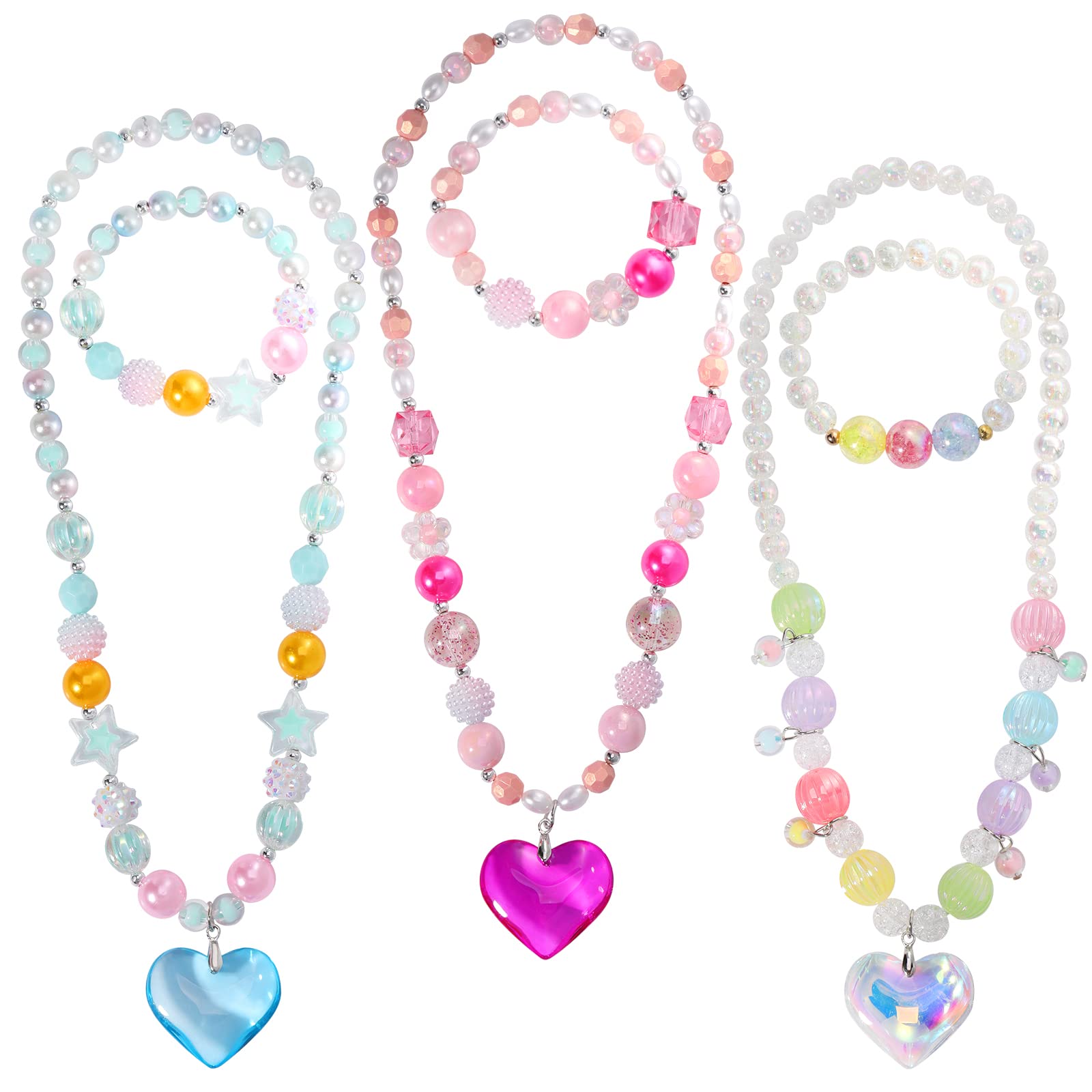 PinkSheep Beads Necklace and Bracelet for Kids, 3 Sets, Little Girls Jewelry Necklace and Bracelet with Heart Pendant, Dress Up Pretend Play Party Favor