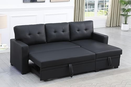 ERYE L-Shaped Corner Sleeper Sectional Sofa Modern PU Upholstered Sofa&Couch Convertible Sofabed W/Pull Out Sleep Couch Bed and Reversible Storage Chaise for Home Apartment Living Room Furniture Sets