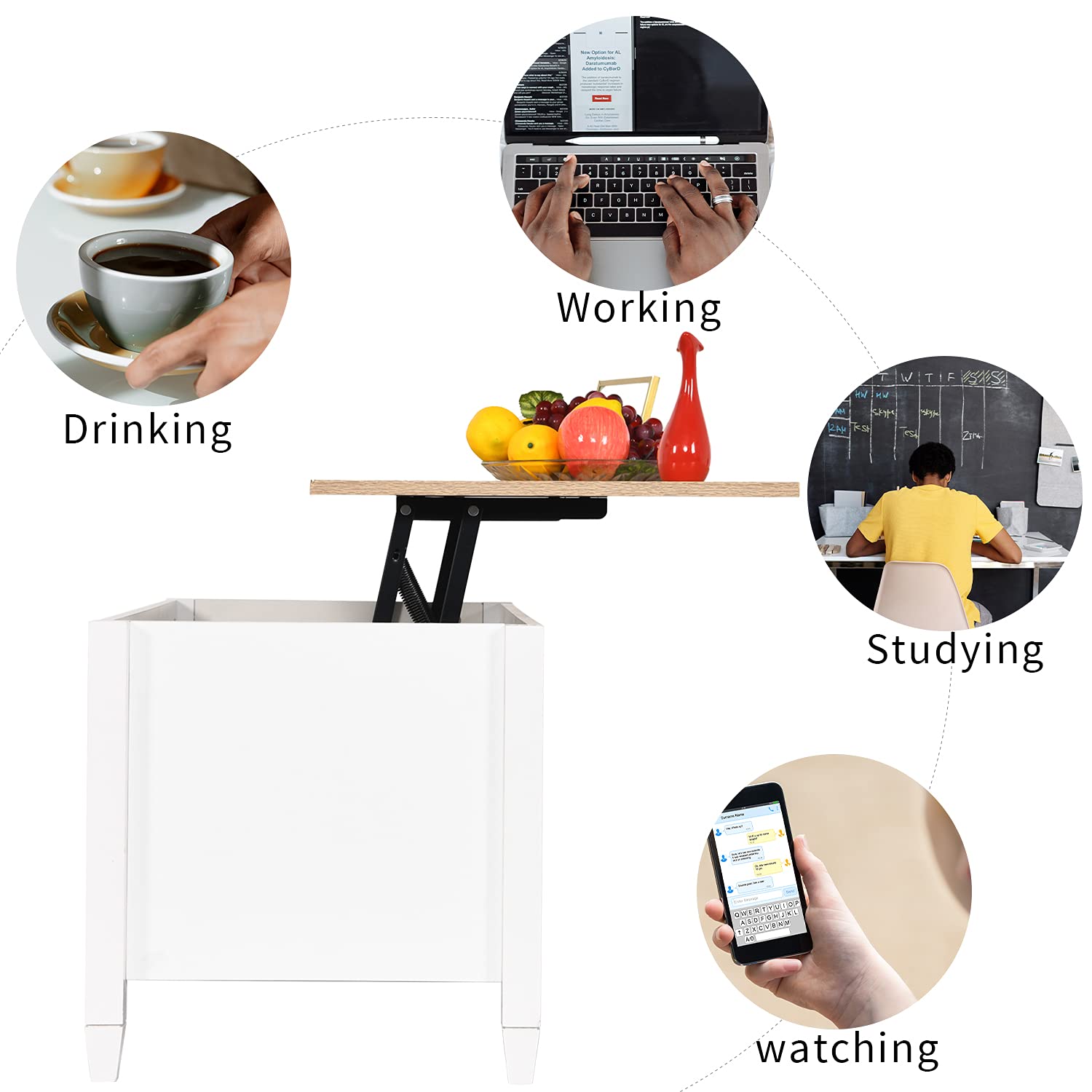 Catrimown Lift Top Coffee Table with Shelves, Modern Lift Tabletop Dining Table with Hidden Compartment and 3 Cube for Home Office Living Room Reception, Real Wood Legs, White.