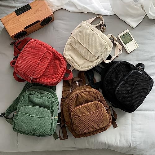 INFENU Cute Corduroy canvas backpack Japanese style bag Kawaii retro simple Solid color mini backpack (Brown)