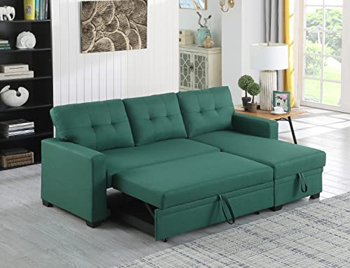 FAVSH Linen Upholstered Sectional Sofa,L-Shape Convertible Sleeper SectionalSofa with Storage Chaise and Pull-Out Bed for Living Room,Apartment,Office,Green