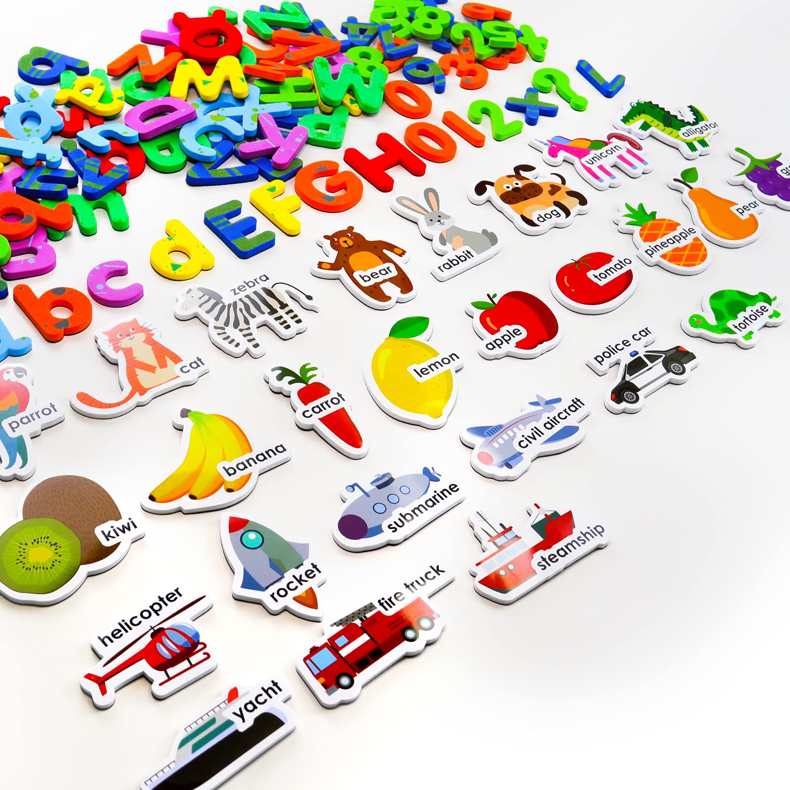 Magnetic Letters and Numbers for Toddlers, Vcertcpl 134pcs Refrigerator Alphabet Magnets for Kids ABC Learning with Animal Vehicle Fruit Patterns, Classroom Supplies Foam Letters Toys for Toddlers 3-7