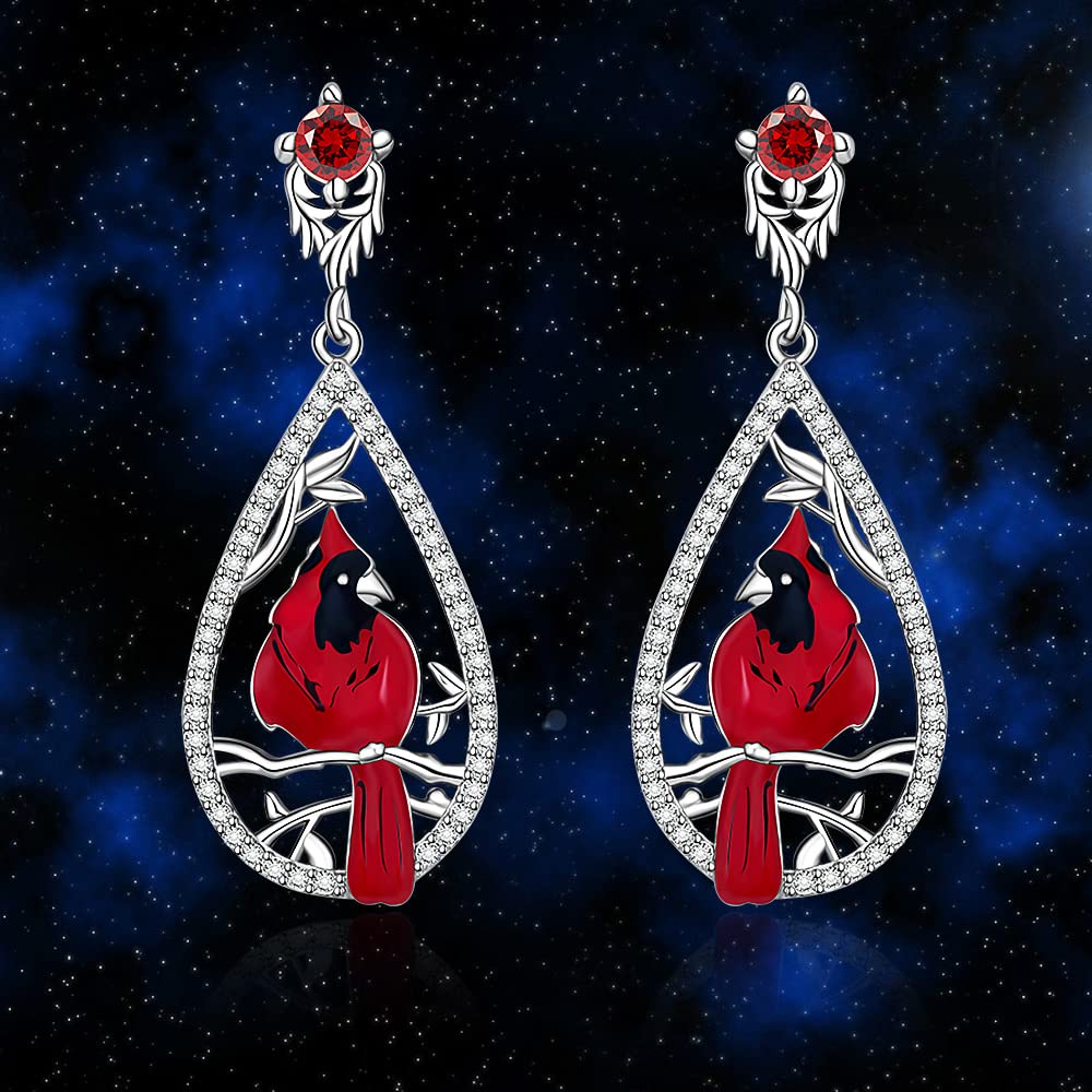 Cardinal Earrings for Women S925 Sterling Silver Teardrop Dainty Cute Dangle Drop Piercing Stud Red Fashion Hypoallergenic Crystal Ruby Animal Bird Valentine's Day Jewelry