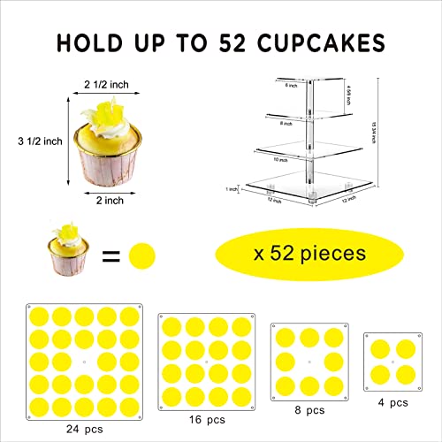 OLACHIKKO Cupcake Stand, Elegant Cupcake Holder with Brighter Yellow LED String Light, Clear 4-Tier Square Acrylic Cupcake Tower for Wedding, Birthday, Baby Shower, Party