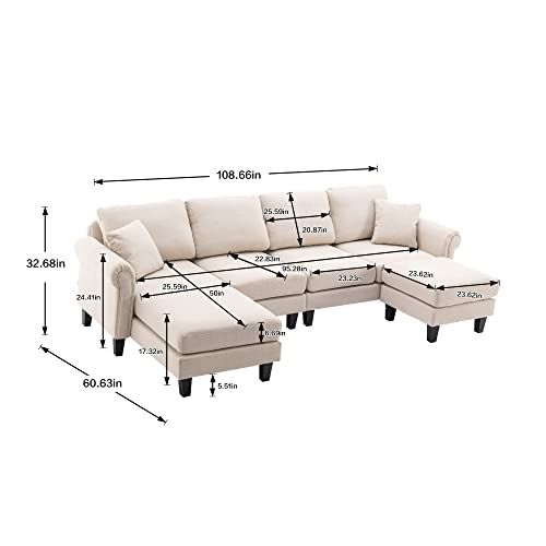 ERYE U-Shaped Sofa Couch Linen Upholstered Sectional Sofa&Couch with Ergonomical Curved Armrests and Movable Ottoman/Chaise for Home Office Apartment Living Room