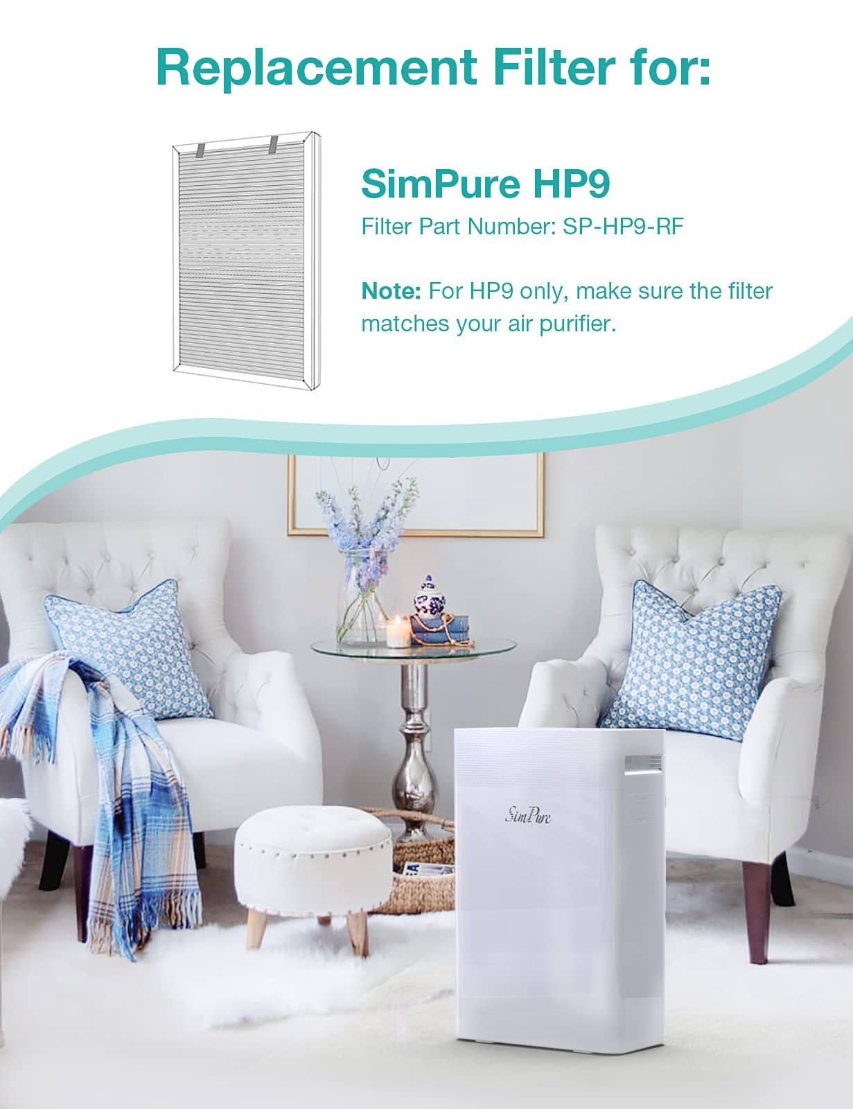 SimPure HP9 (Not HP8) Original HEPA Replacement Filter Compatible with SimPure HP9 Air Purifier, SP-HP9-RF (NOT for Other SimPure Air Purifiers)