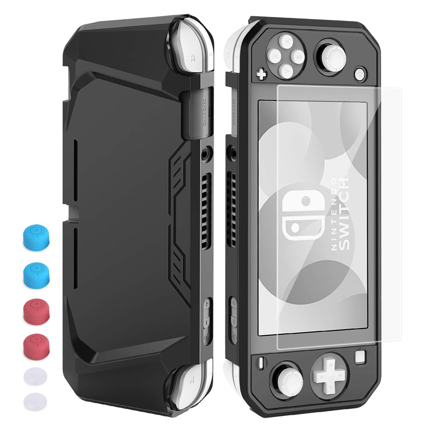 Case for Nintendo Switch Lite, HEYSTOP Soft TPU Protective Case Cover for Nintendo Switch Lite with Switch Lite Tempered Glass Screen Protector and Thumb Stick Caps (Black)