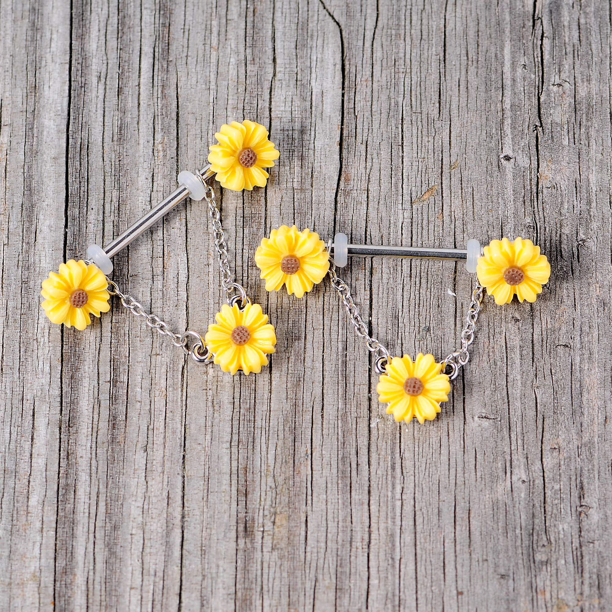 Body Candy 14G Womens Nipplerings Piercing Steel 2Pc Summer Yellow Sunflowers Dangle Nipple Ring Set 5/8"