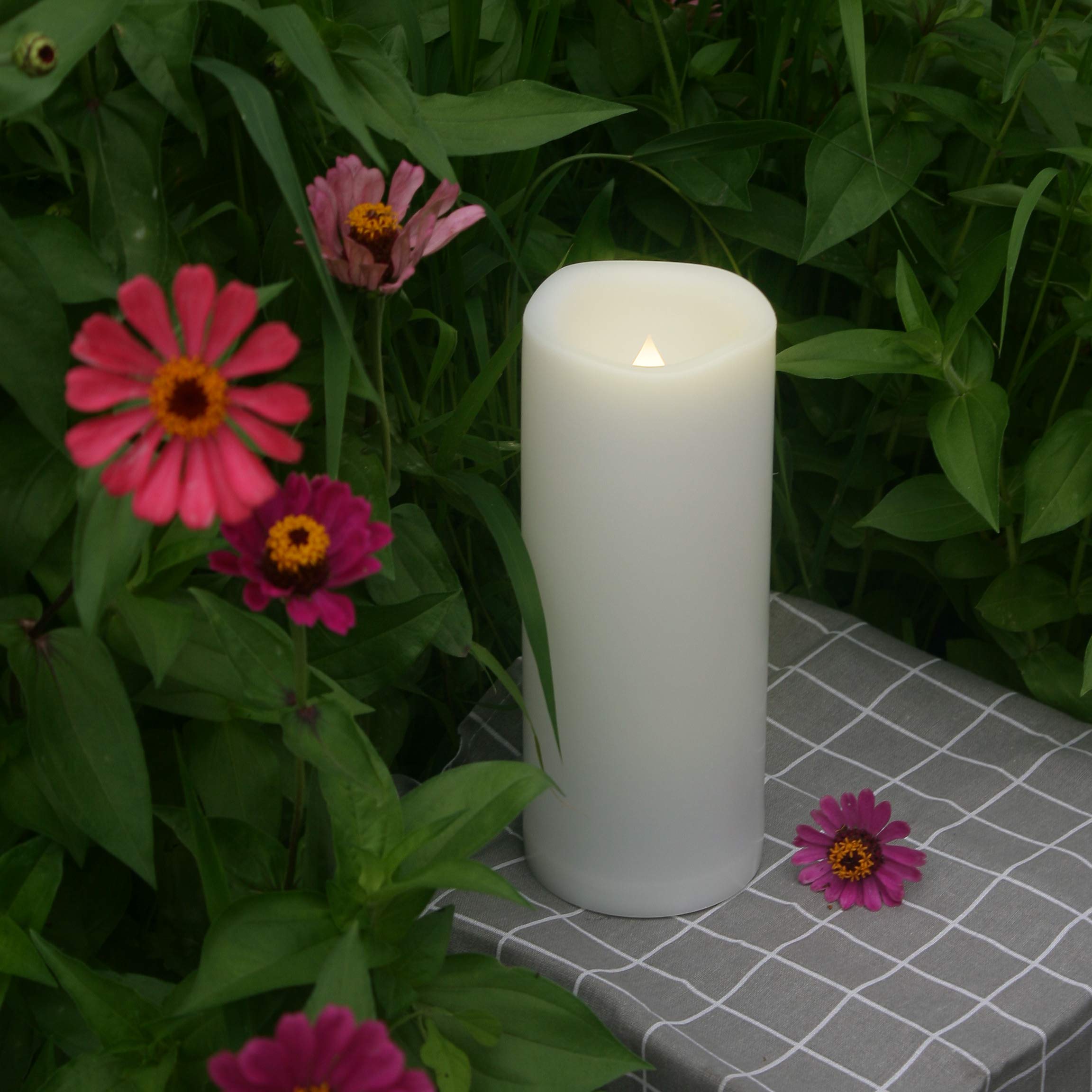 Outdoor Waterproof Large Led Flameless Candle with Remote Timer Long Lasting Battery Operated Plastic Electric Resin Pillar Candle light for Home Garden Patio Xmas Wedding Party Decorations 4”X10”