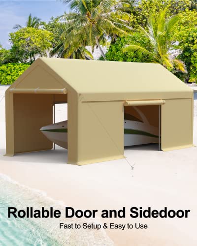 DEXSO Carport 10'x20' Heavy Duty Steel Canopy Height Adjustable & Portable Garage with Roll-up Ventilated Side Doors for Truck Boat Car Port, Party, Equipment Placement, Straw