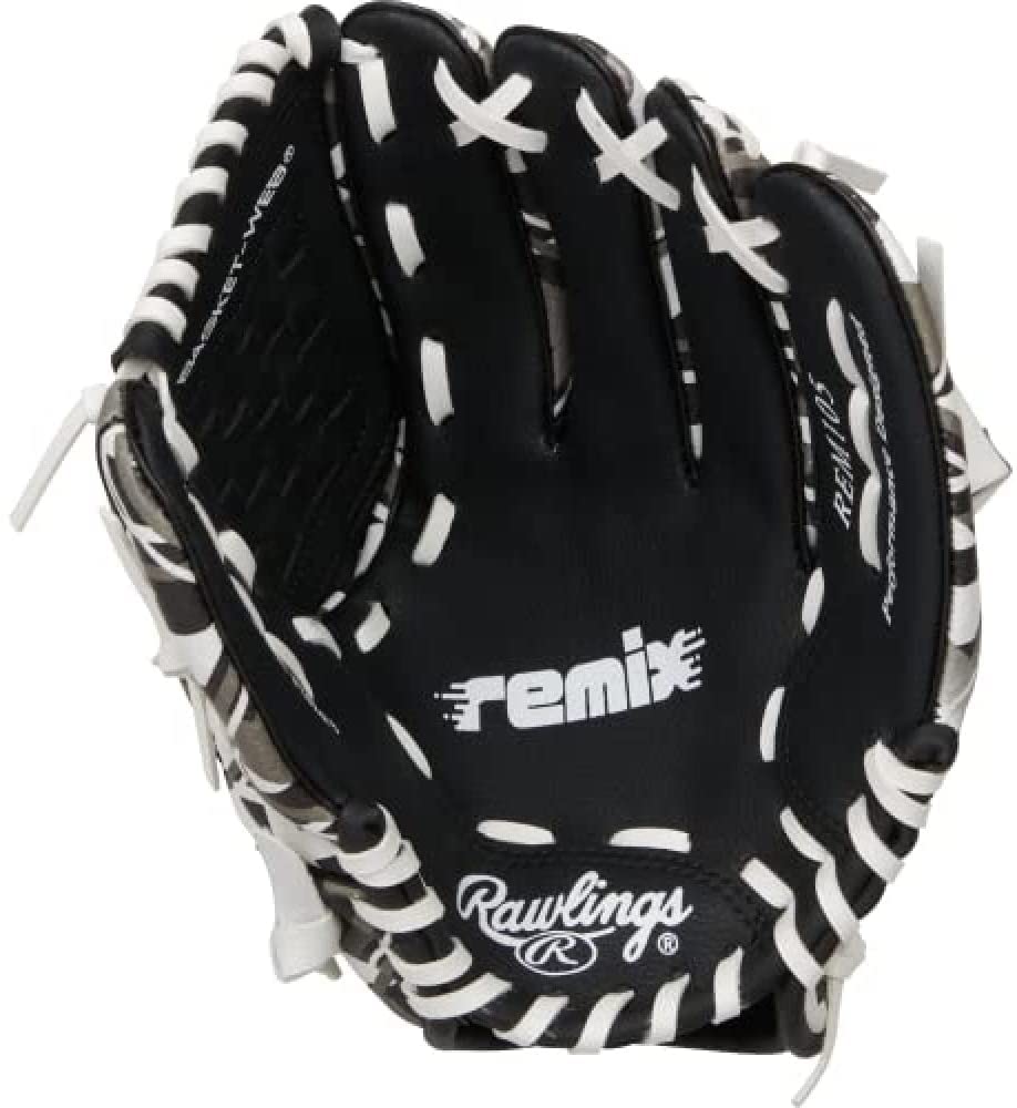 Rawlings Remix Series Youth 9" Tball Glove (Right Hand Throw), 24" Tball Bat & Tball Backpack Bag Set (Black/White/Silver)