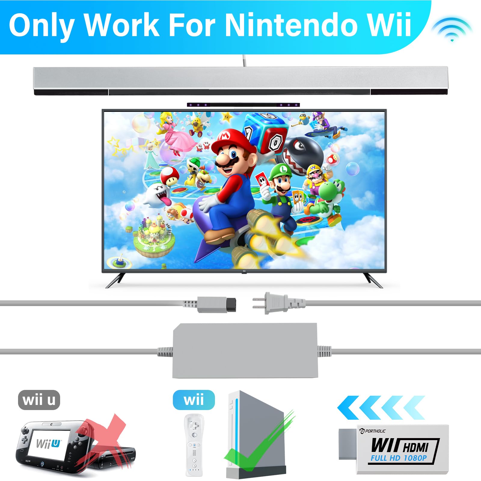 PORTHOLIC 4 in 1 Wii Replacement Cables Set, Wii AC Power Adapter + Wii to hdmi Converter+ Wired Motion Sensor Bar and Composite Audio Video Cable for Nintendo Wii