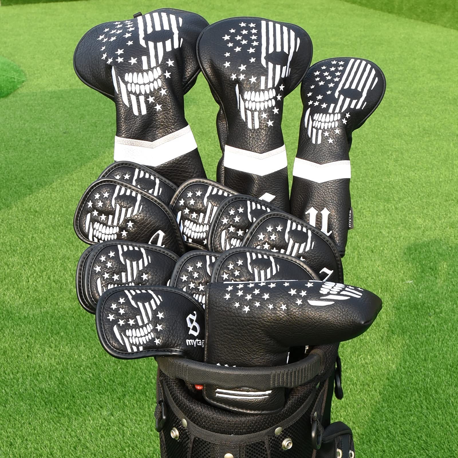 caiobob mytag Golf Skull Skeleton Head Cover Golf Club Black Leather Headcovers Set Fits Driver Fairway Wood Hybrid (1pc Driver Cover)