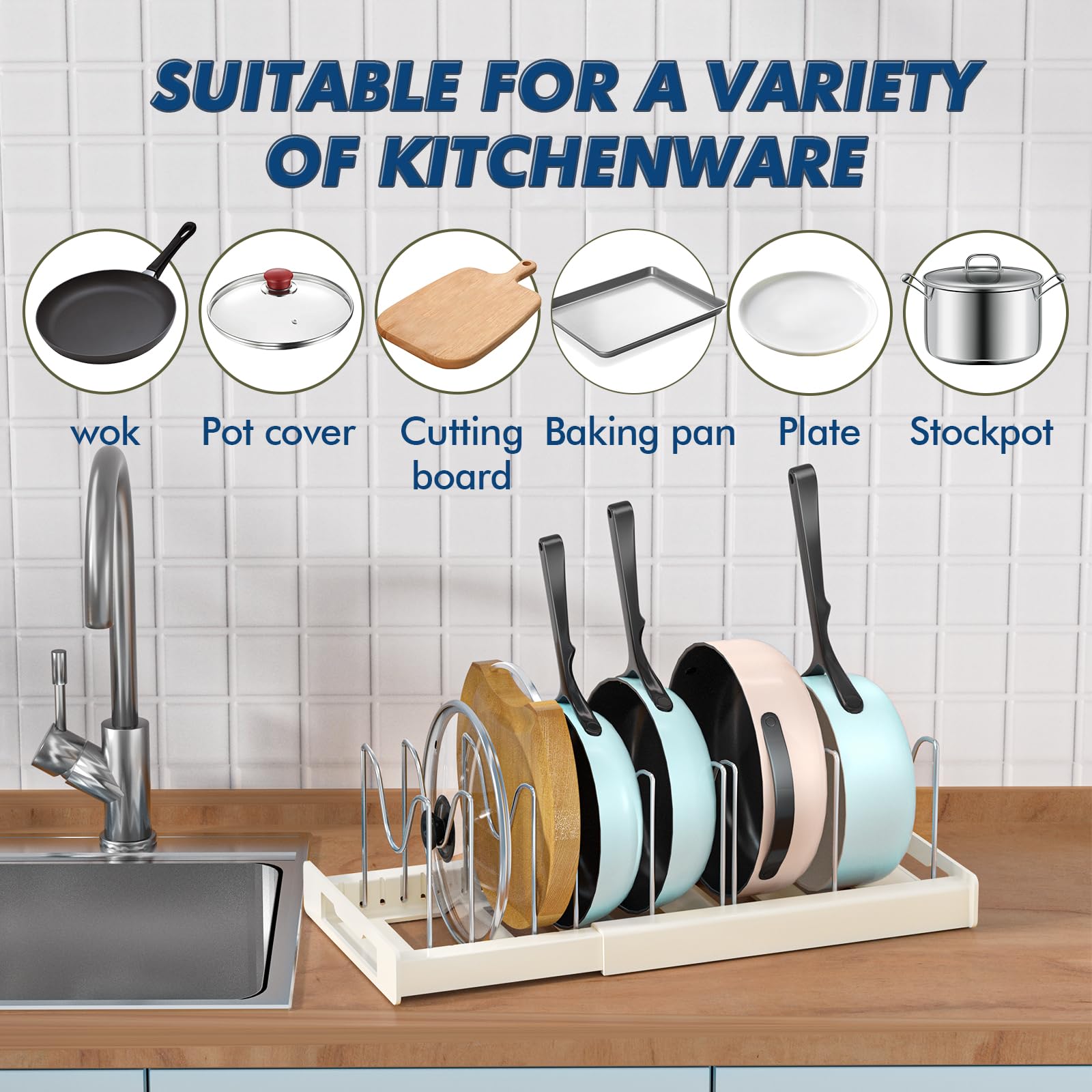 COTTONCARE Expandable Pot and Pan Organizers Rack for cabinet - Pot Lid Organizer Rack Holder with 7 Adjustable Dividers, Kitchen Cabinet Cookware Baking Organizer, White 11.81''-22''