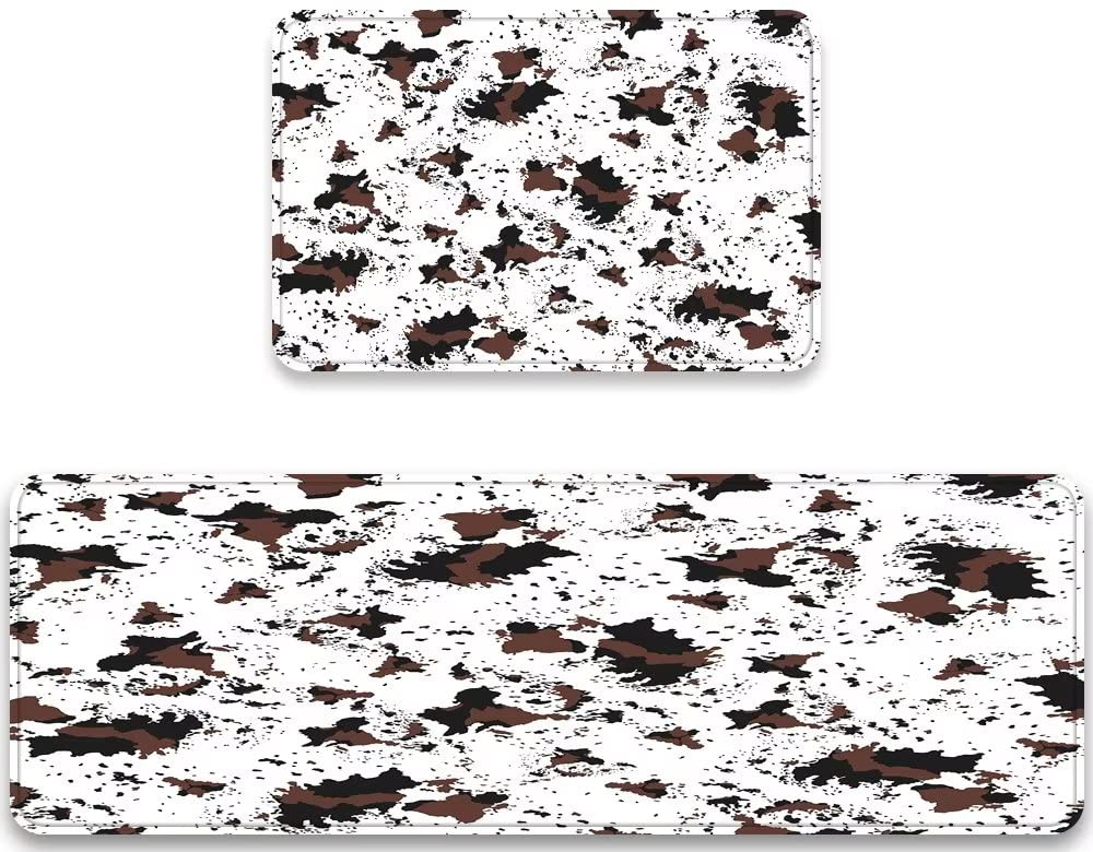 Cow Print Kitchen Rug Set of 2 Comfort Floor Mats Western Brown Cowhide Farm Animal Country Farmhouse Vintage Cushioned Door Mat Anti Fatigue Non Skid Washable Bathroom Runner Rugs Area Carpet