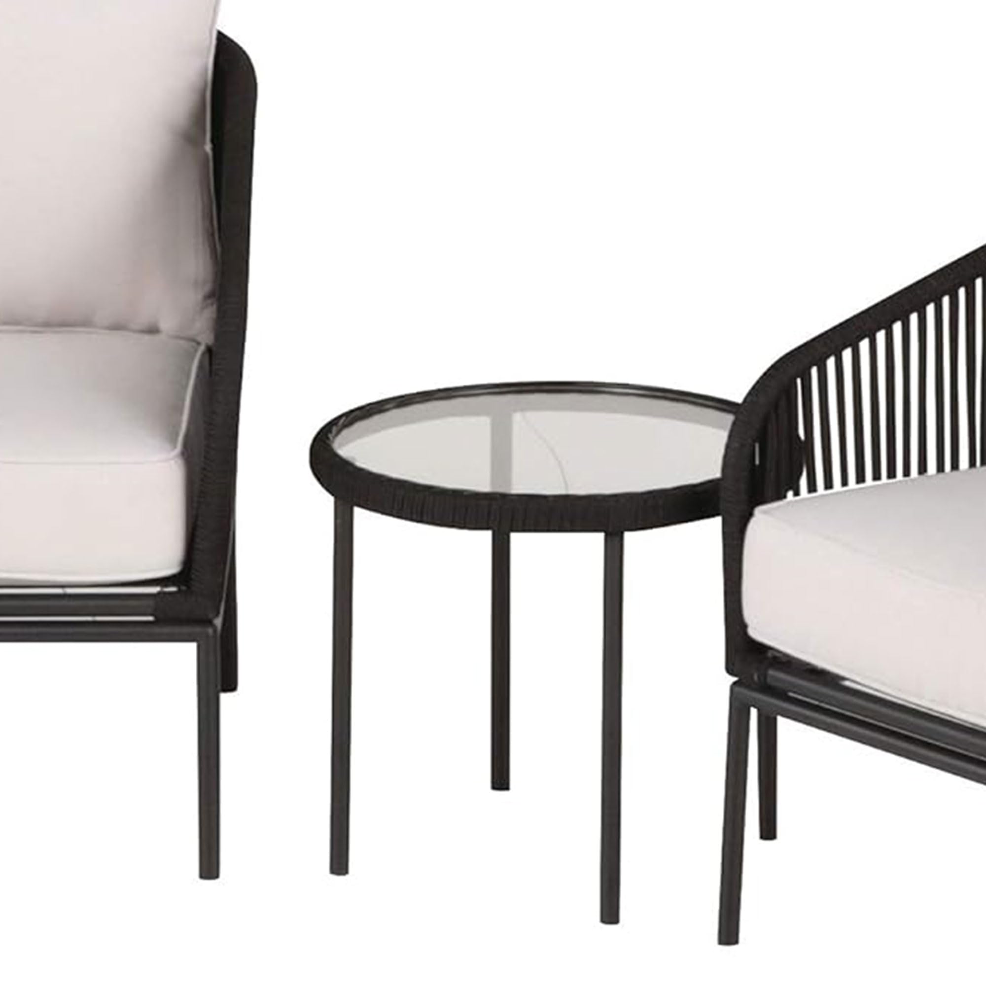 Four Seasons Courtyard Carrabelle 3 Piece Outdoor Patio Furniture Set with 2 Woven Rope Backrest Design Cushioned Chairs and Round Side Table, Black