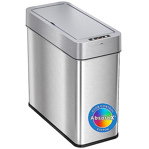 iTouchless 4 Gallon Slim Sensor Bathroom Trash Can with AbsorbX Odor Filter, Lid Opens Right, 15 Liter Slim Stainless Steel Automatic Garbage Bin, Space-Saving for Kitchen, Home, Office, Hotel