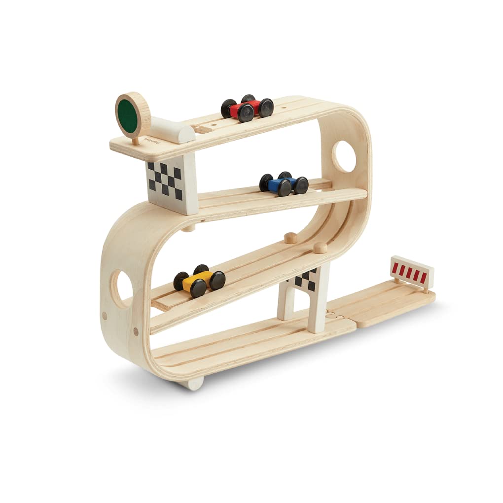 PlanToys Wooden Ramp Racer with 3 Cars (5379) | Sustainably Made from Rubberwood and Non-Toxic Paints and Dyes
