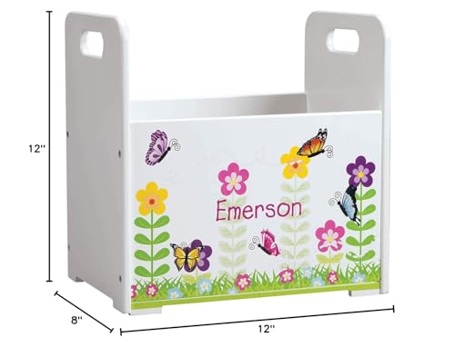 Fox Valley Traders Personalized Kids Wooden Book Caddy, Customized Children’s Book Storage Bin, Flowers and Butterflies Design