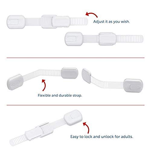 CUTESAFETY Child Proof Safety Locks - Baby Proofing Cabinet Lock with 6 Extra 3M Adhesives - Adjustable Strap Latches to Cabinets,Drawers,Cupboard,Oven,Fridge,Closet Seat,Door,Window (White, 6)