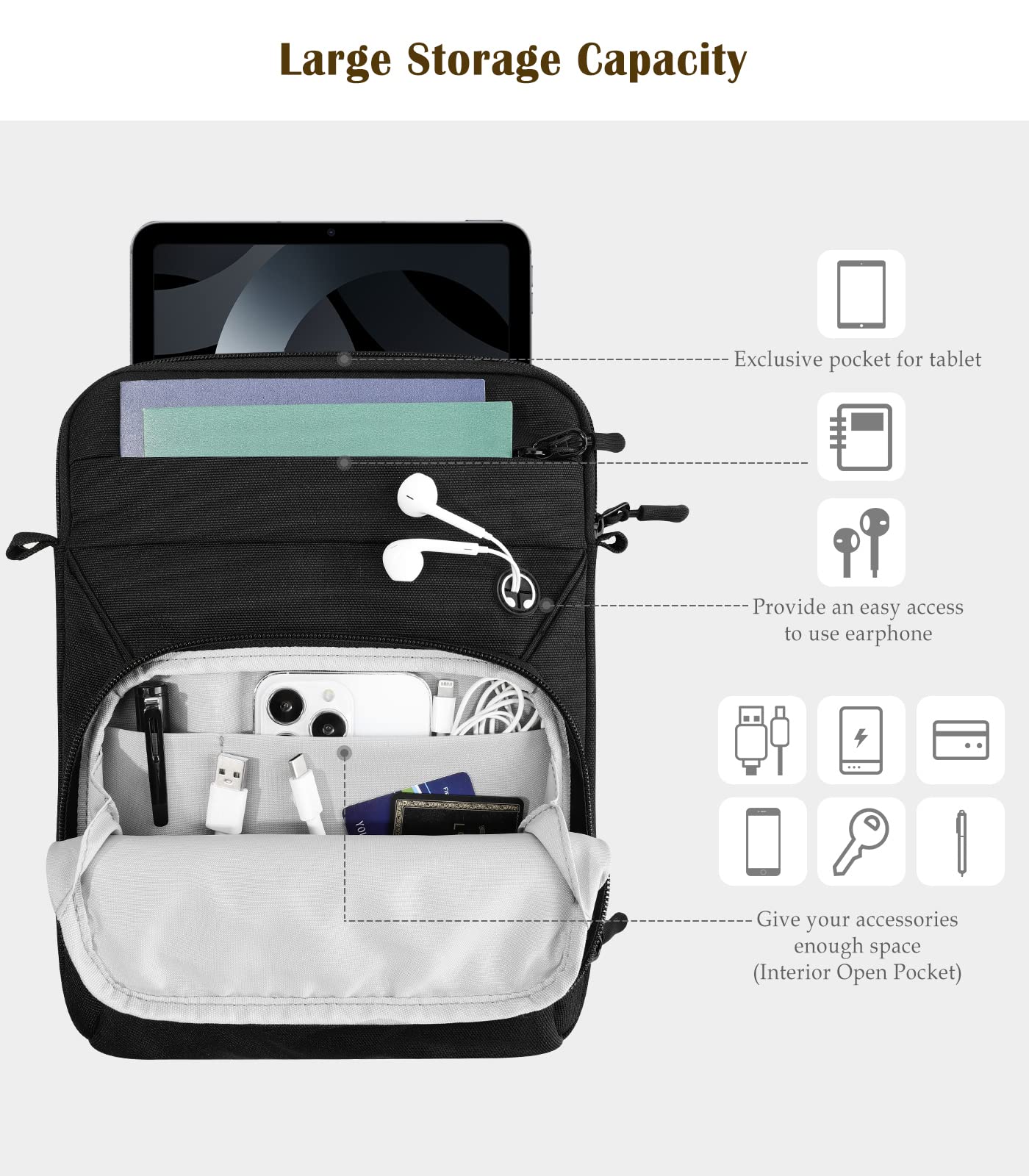 Dadanism 9-11" Tablet Sleeve Bag for iPad Air 5/4 10.9, iPad Air 11" 2024, iPad 9/8/7th 10.2, iPad 10th Gen 10.9, iPad Pro 11 M4 M2 2024-2018, Galaxy Tab A9+ S9 FE A8, with Shoulder Strap, Black