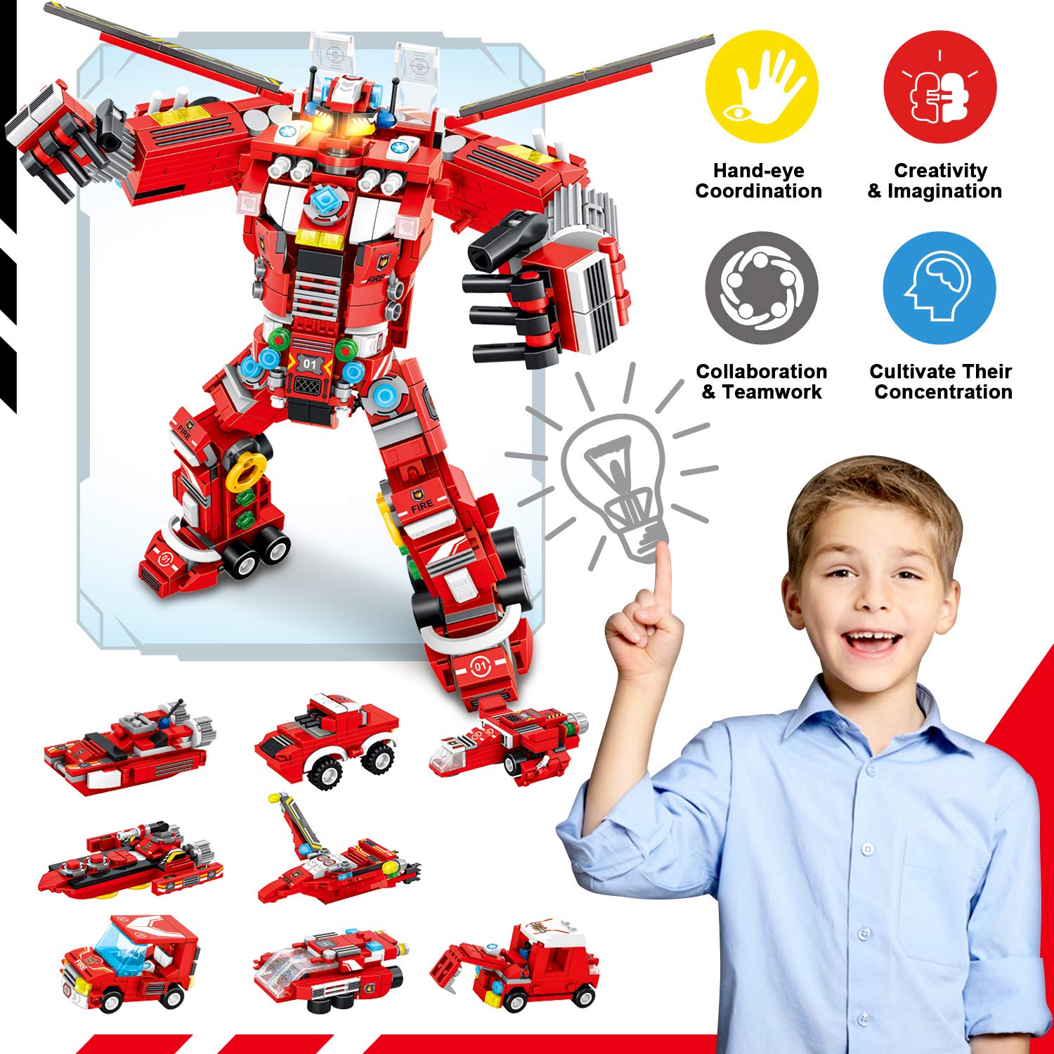 Robot Building Toys for Boys Age 6 7 8 9 10+ Year Old, 836 PCS Creative Construction Truck Blocks Toys, 35 in 1 STEM Educational Building Bricks City Fire Rescue Vehicles Kit Gift for Kids
