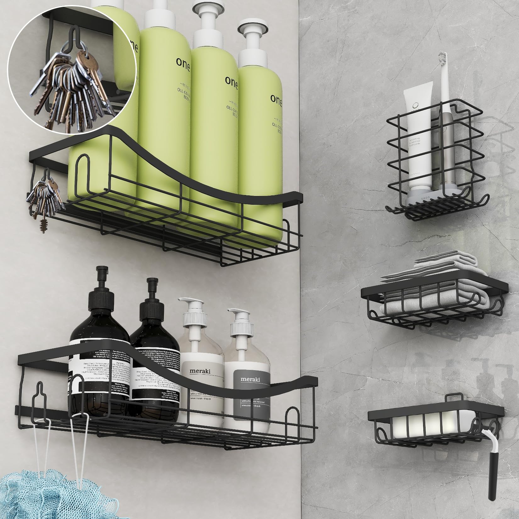 EK-Memory-fish ​Shower Organizer, Adhesive Shower Organizer Bathroom Storage Home Decor Kitchen, Non-Drilled, Large Capacity, Stainless Steel Bathroom Organizer (5 Piece Set)